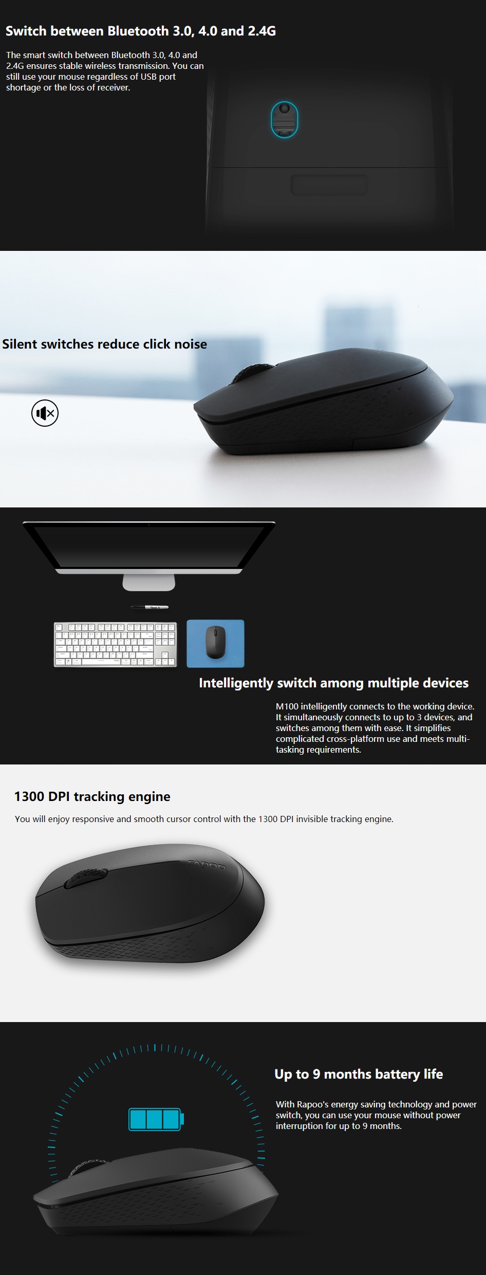 Rapoo M100 Blue Quiet Wireless Bluetooth Mouse | Mice | Rapoo