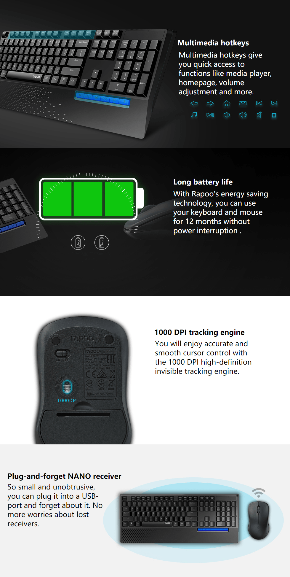 Rapoo X1960 Wireless Spill-resistant Keyboard & Mouse Set with Palm ...