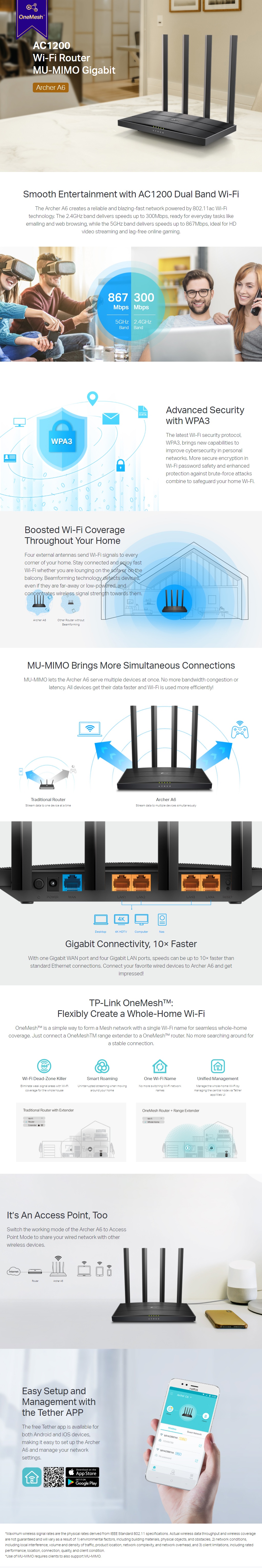 TP-Link AC1200 Wireless MU-MIMO Gigabit Router (Archer A6) - Modems ...