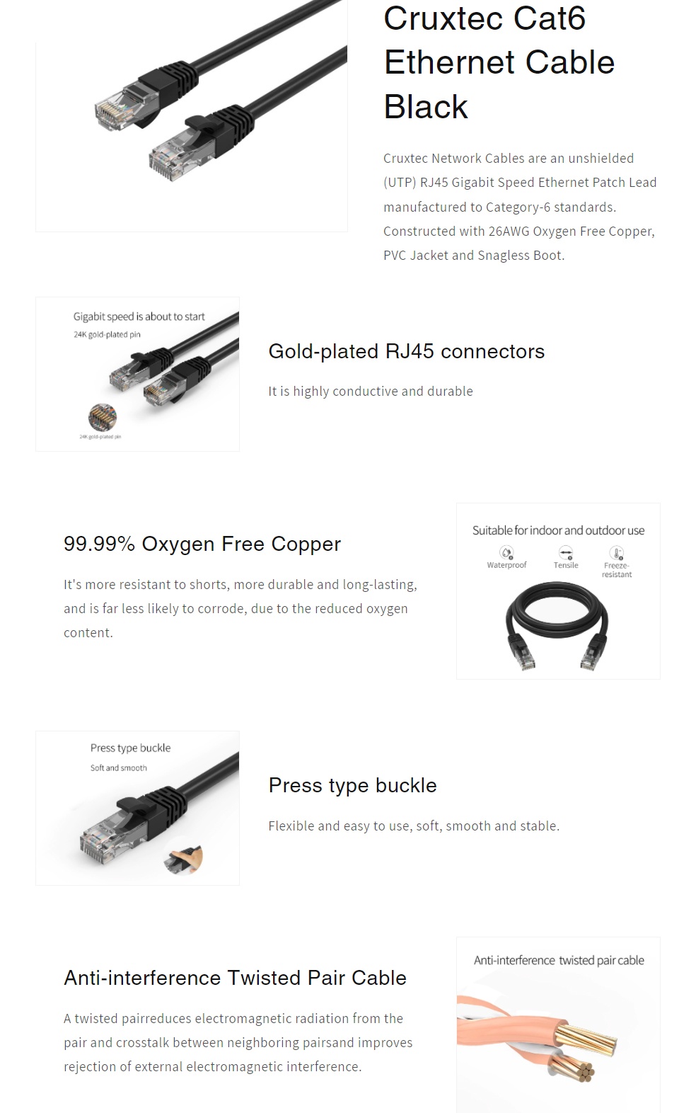 Cruxtec RC6-150-BK 15m Cat6 Ethernet Cable - Black | Network Cables