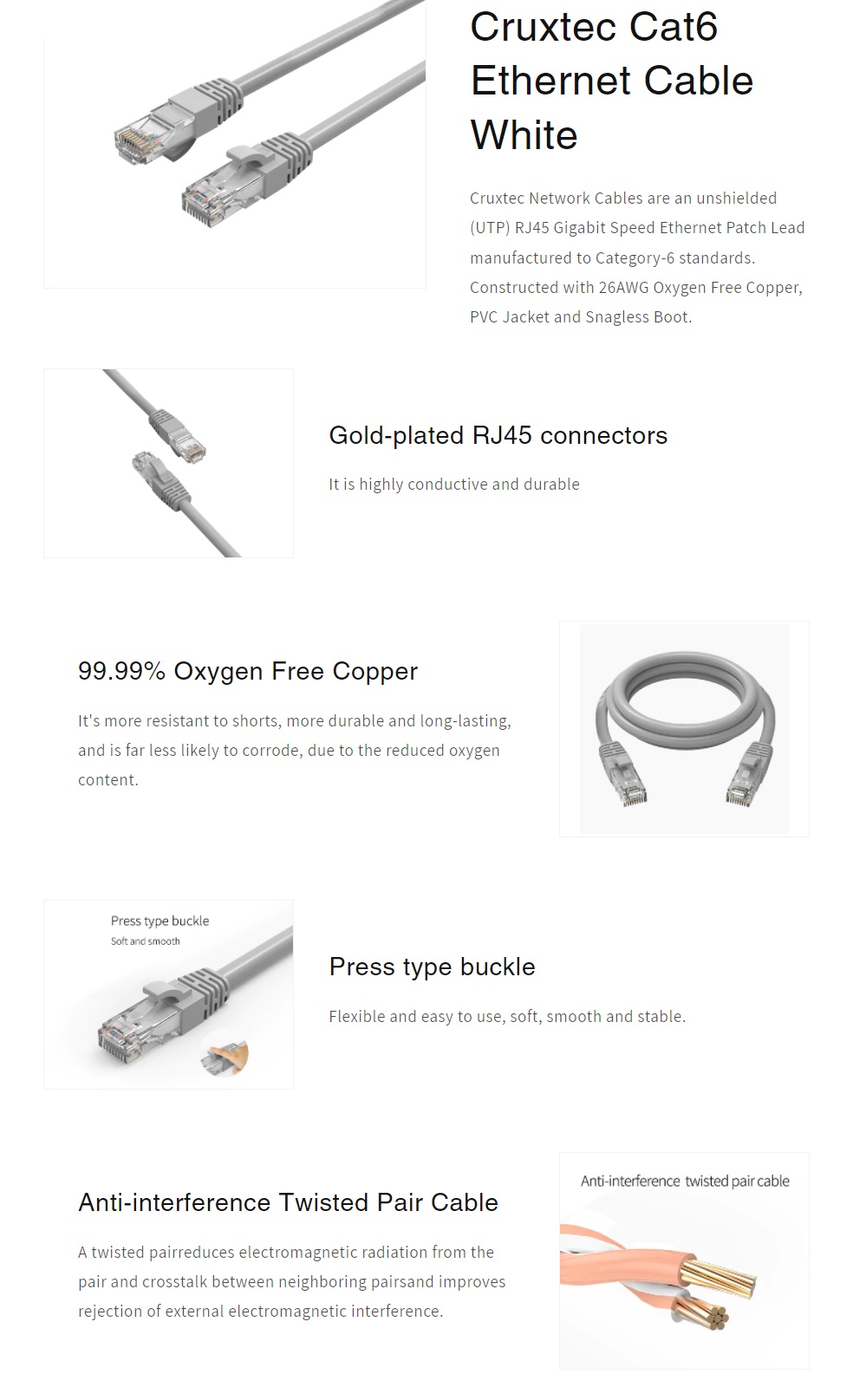 Cruxtec RC6-300-WH 30m White Cat6 Ethernet Cable | Network Cables ...