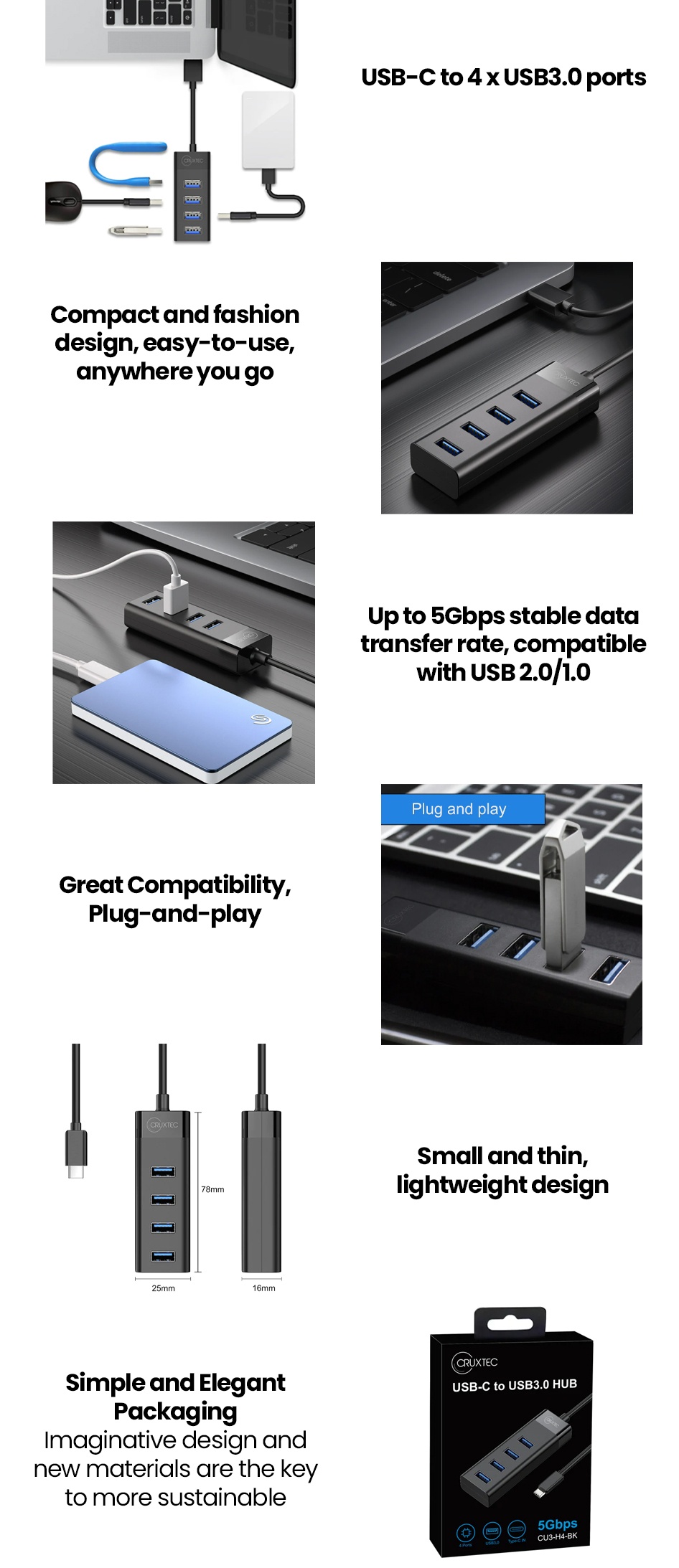 Cruxtec 4-Port High Speed USB-C 3.0 Hub | HDD Docking Bays & USB Hubs ...