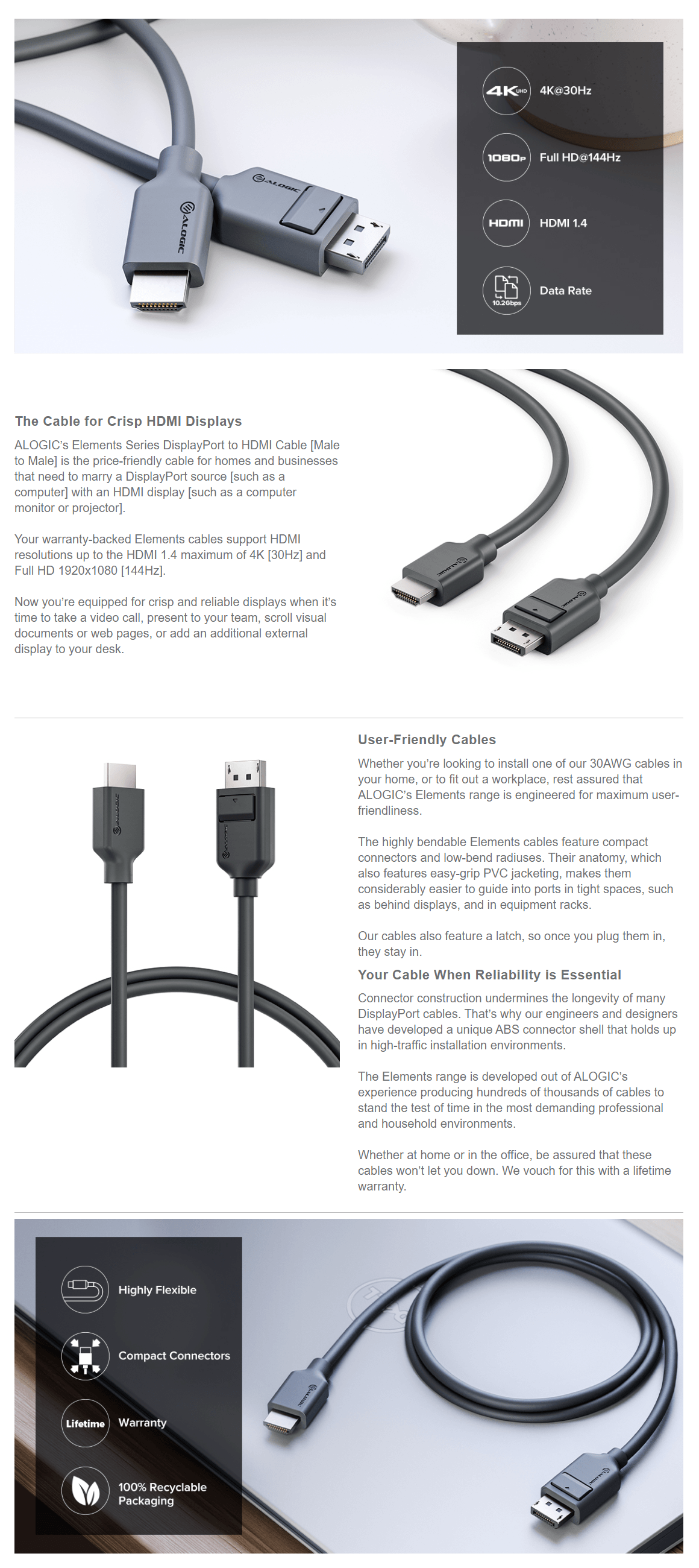 Alogic 2m Elements DisplayPort to HDMI Cable - Monitor Cables ...