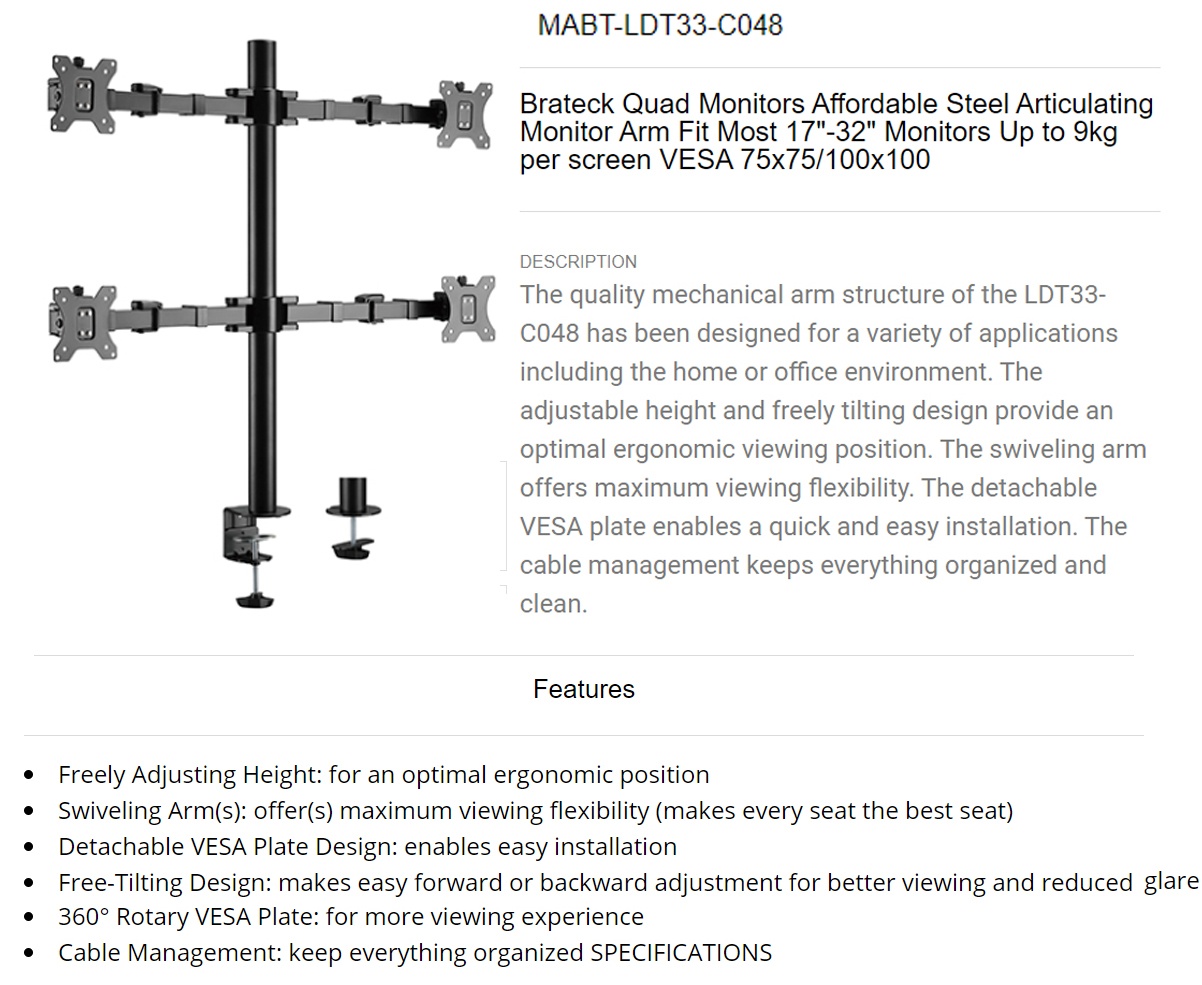 Brateck LDT33-C048 Quad Monitors Articulating Steel Arm - 17-32 inch ...