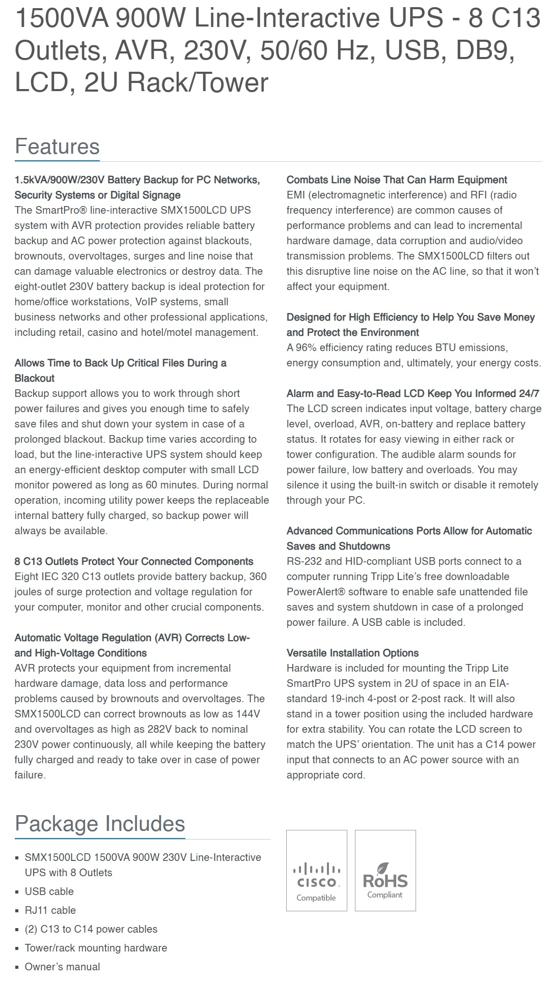 Tripp Lite 1500VA 900W 8 C13 Outlets Line-Interactive UPS [SMX1500LCD]