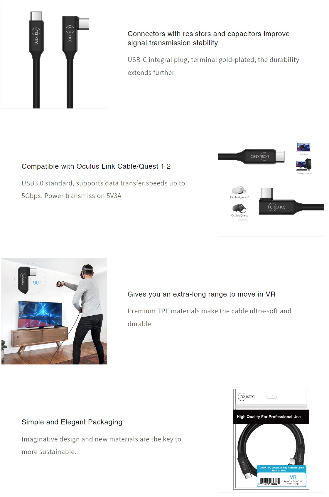 Cruxtec 5m USB-C to USB-C 90 Degree Angle VR Cable - USB & Firewire ...