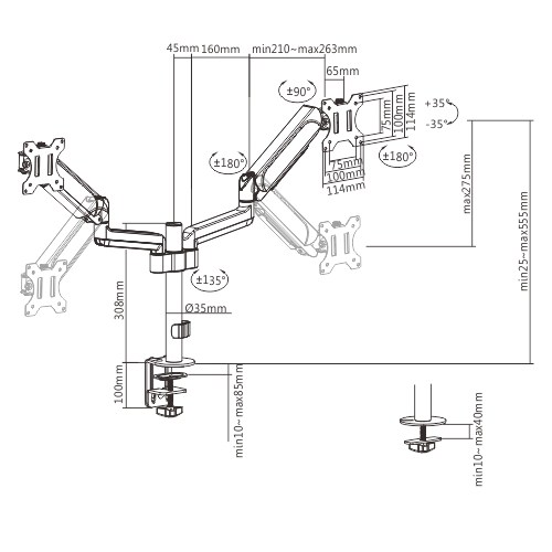Brateck Dual Monitor Pole-Mounted Gas Spring Arm for 17-32 inch ...