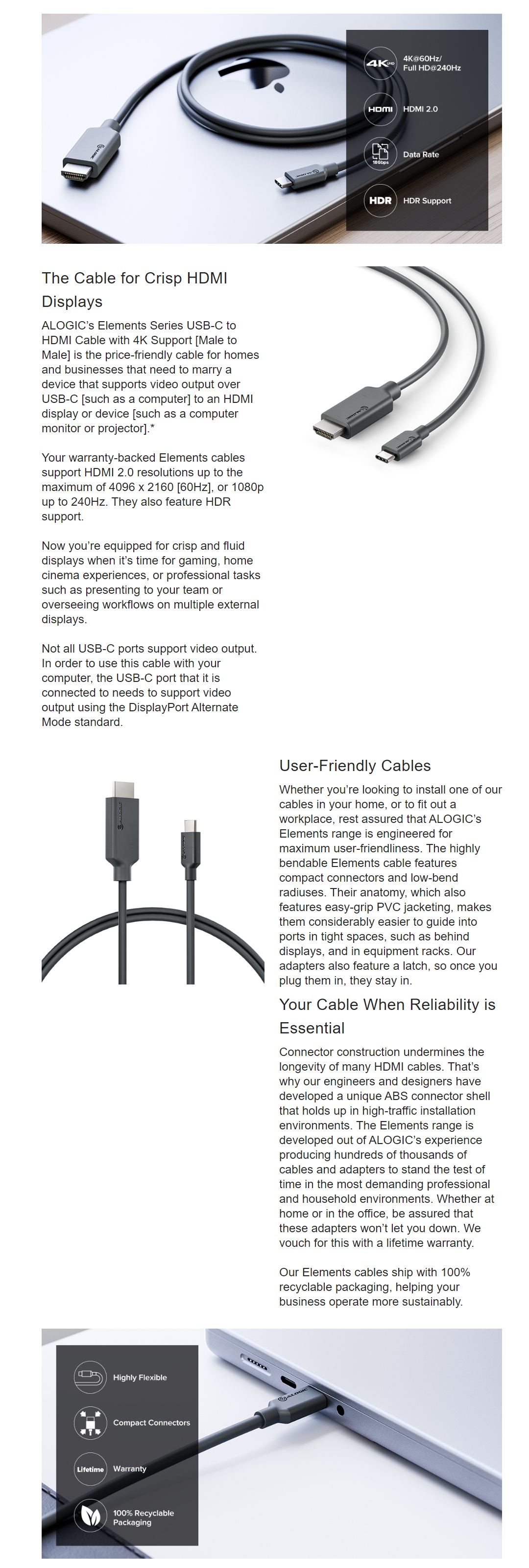 Alogic Elements USB-C to HDMI Cable 4K Support - Male | USB & Firewire ...