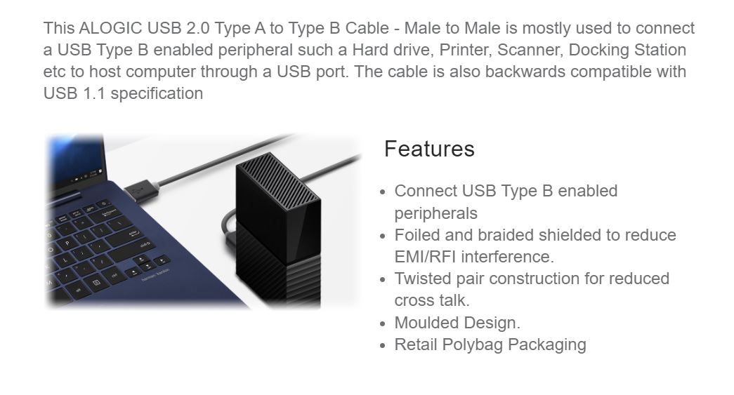 Alogic USB 2.0 Type A to Type B Cable 3m - USB & Firewire Cables | USB2 ...