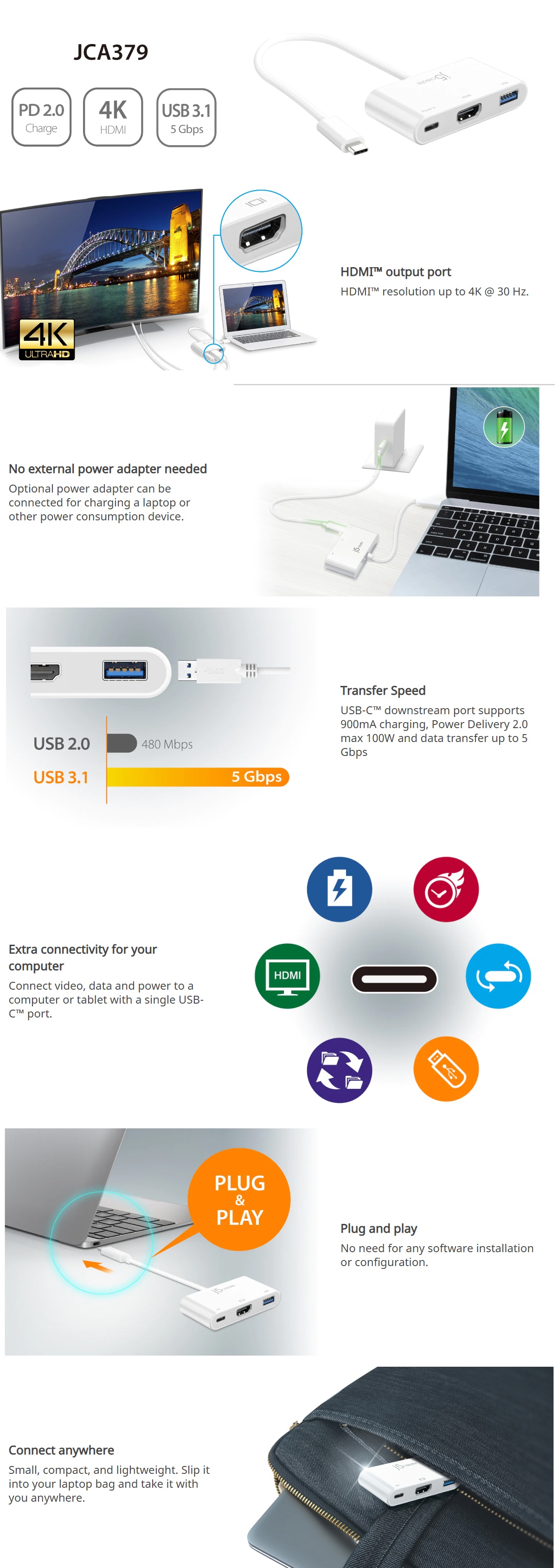 J5create JCA379 USB-C to HDMI & USB 3.0 Docking Station with Power ...