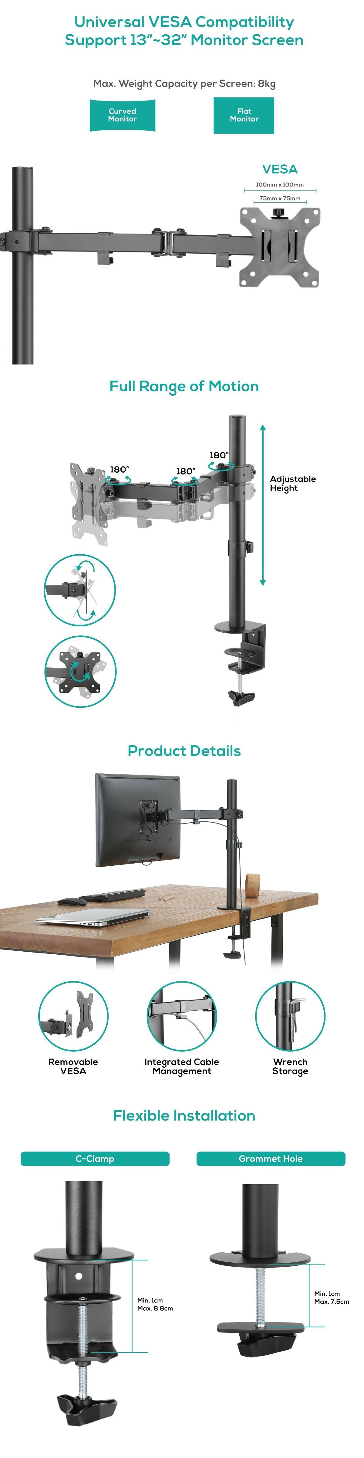 MBeat activiva ErgoLife Single Monitor Screen Double Joint Monitor Arm ...
