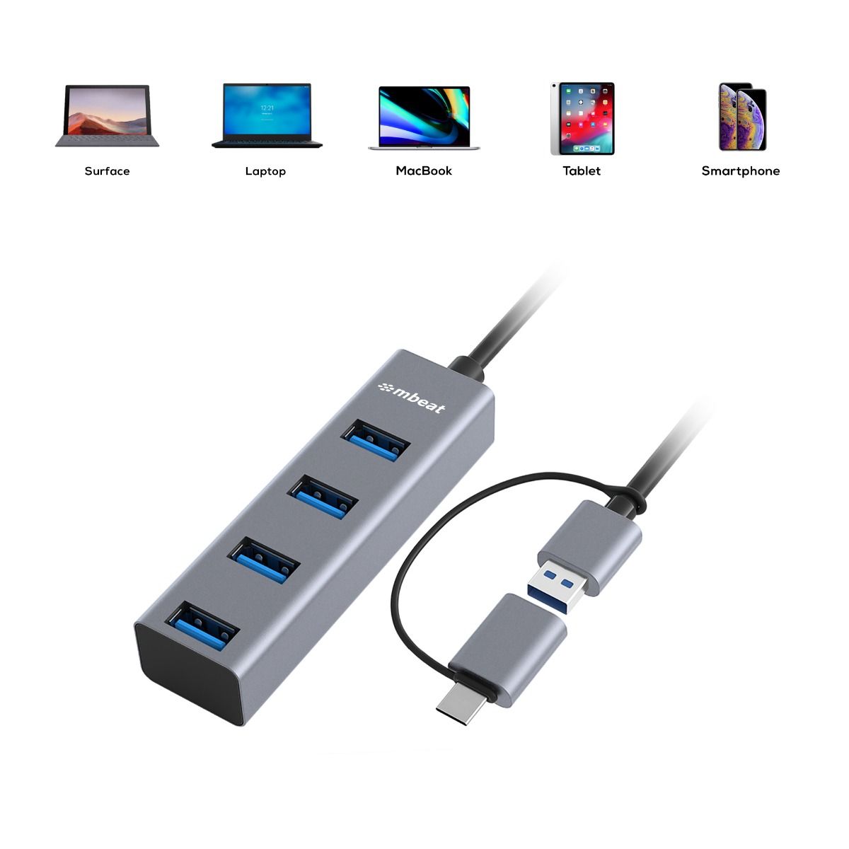 MBeat 4-Port USB 3.0 Hub with USB-C Converter - HDD Docking Bays & USB ...