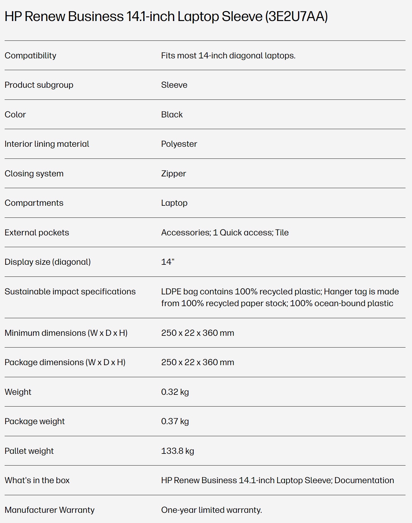 HP 3E2U7AA Renew Business 14.1" Laptop Sleeve - Hewlett Packard Laptop ...