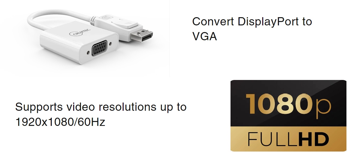 Cruxtec DisplayPort to VGA 1080p Adapter - High Quality Display Adapter ...