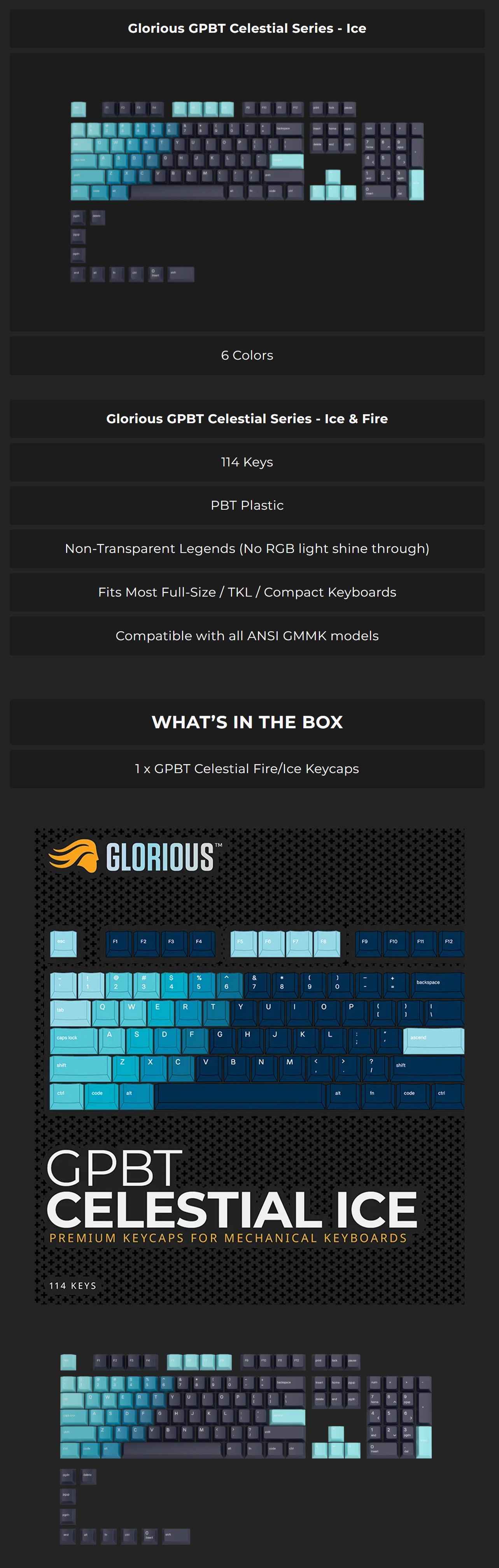 Glorious Cherry-profile ANSI GPBT Keycaps (114 Keys) - Celestial Ice ...