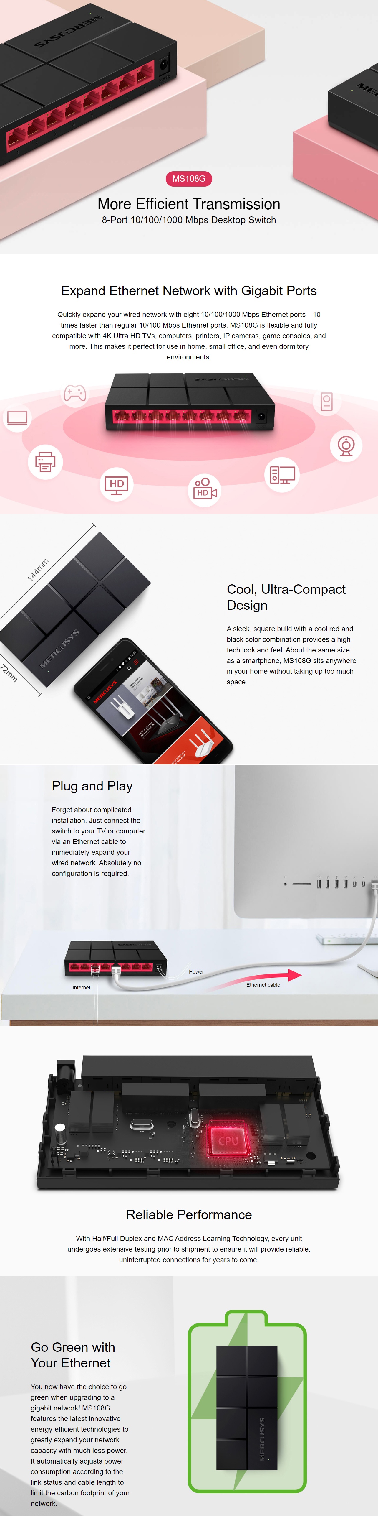 TP-Link Mercusys MS108G 8-Port 10/100/1,000 Mbps Desktop Switch - Hubs ...