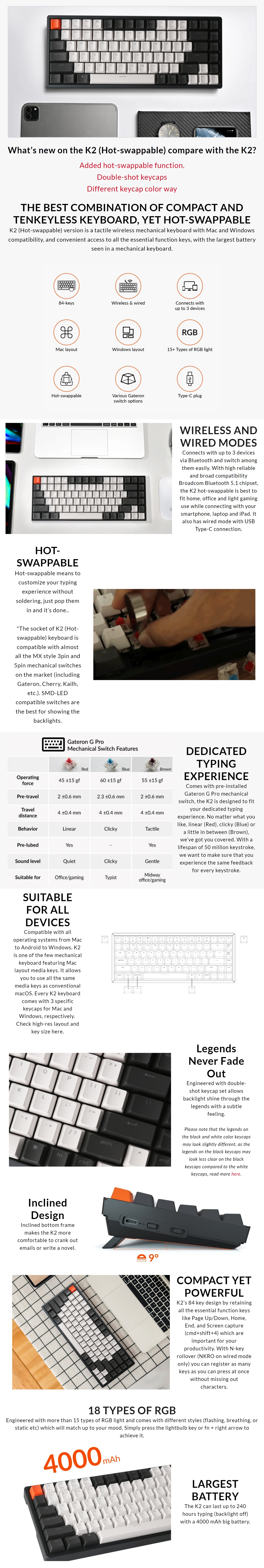 Keychron K2v2 84-Key RGB Bluetooth Wireless Brown Switch Mechanical ...