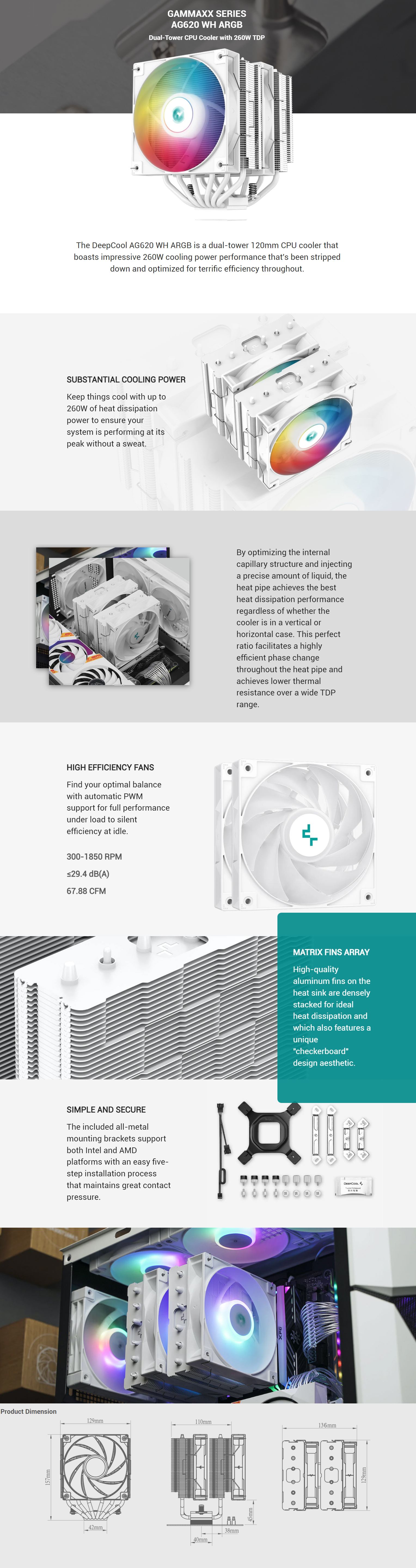Deepcool AG620 ARGB 120mm CPU Cooler - White | Air Coolers | Fast Delivery