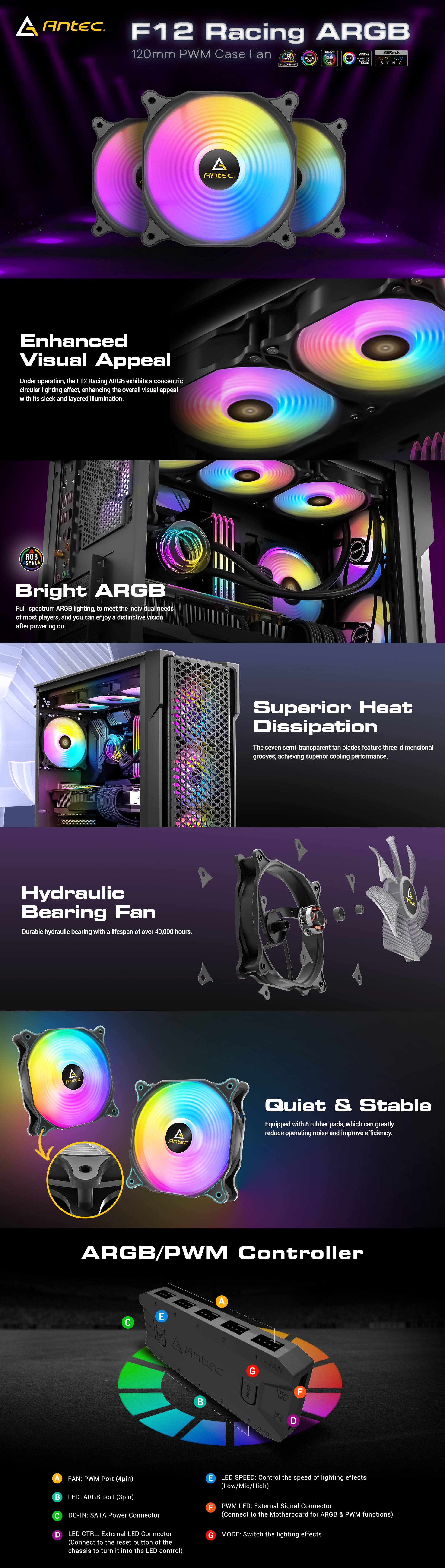 Antec F12 Racing ARGB PWM 120mm Fan (3-Pack) | Case Fans & LED Lighting