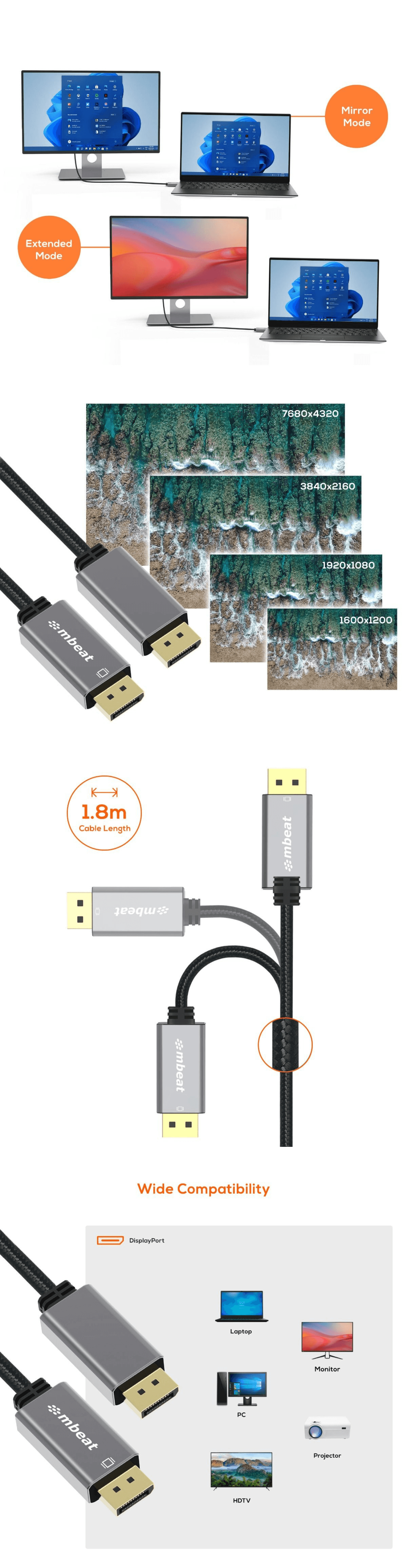 MBeat ToughLink 1.8m 8K DisplayPort Cable | Display Cables | MB-XCB-DP18