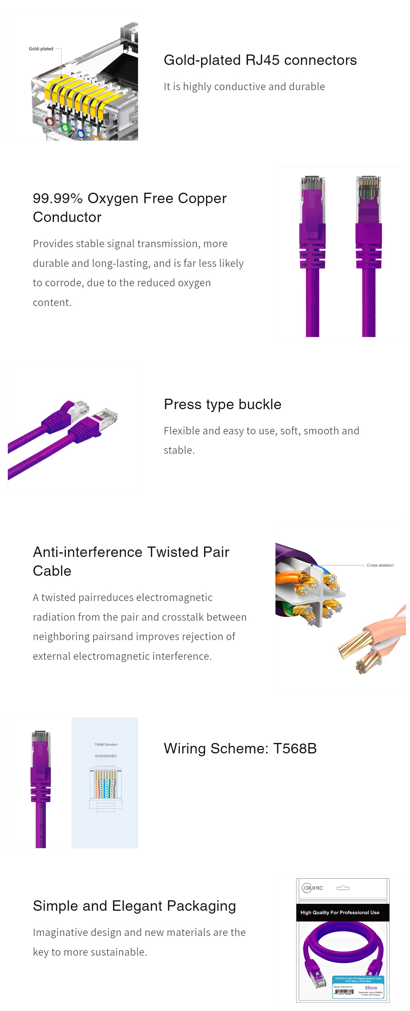 Cruxtec 3m Cat 6 Ethernet Cable - Purple | Network Cables | RC6-030-PU