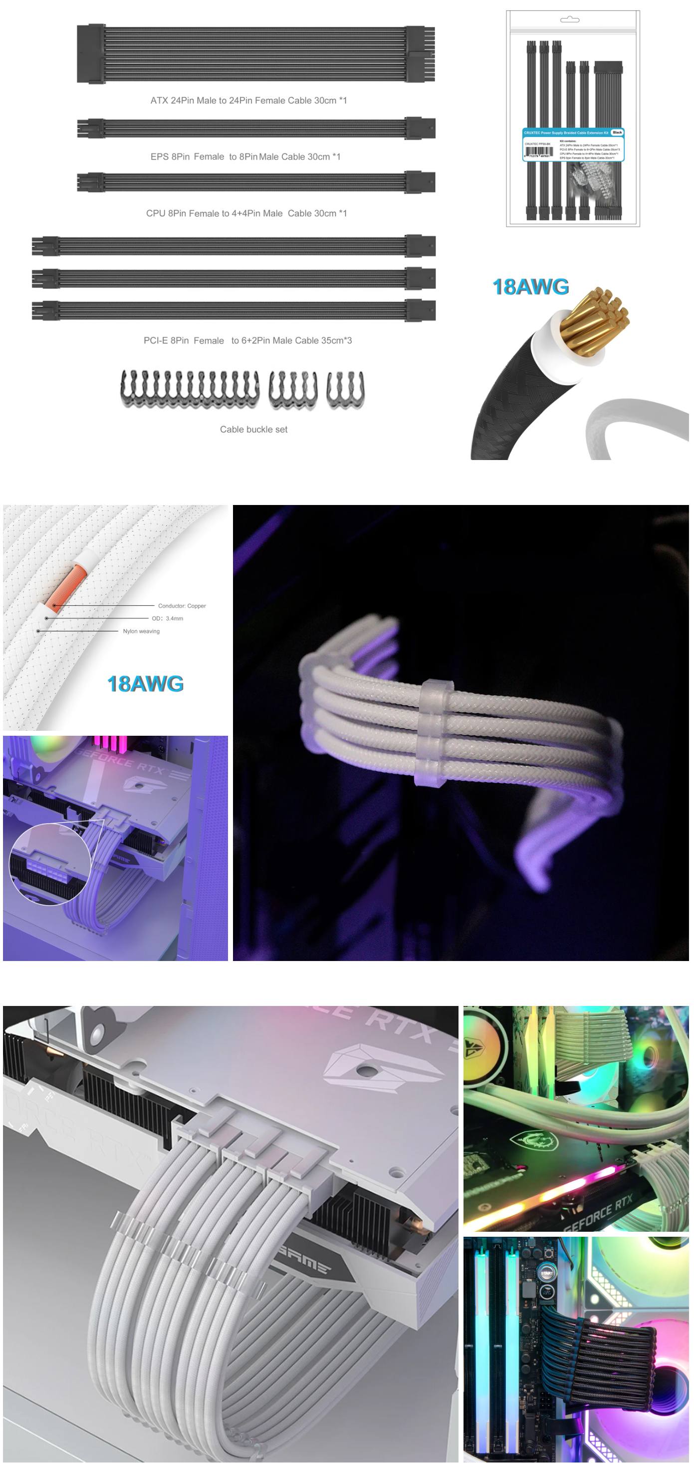 Cruxtec Sleeved Extension Cable Kit - White | Power Supply Accessories ...