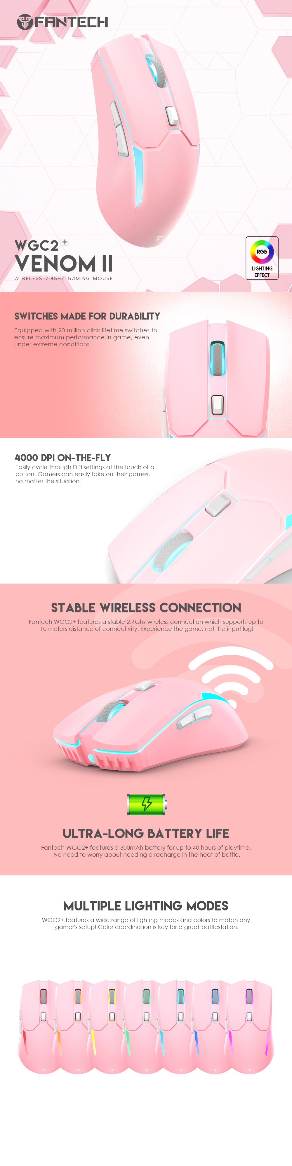 Fantech VENOM II WGC2 Wireless 2.4Ghz Gaming Mouse - Sakura Pink ...