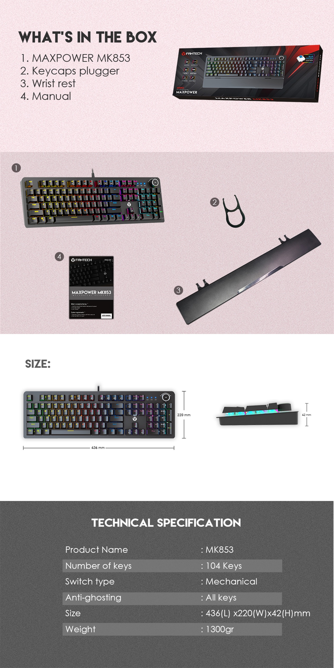 Fantech Maxpower MK853 RGB Red Switch Mechanical Keyboard - Pink | Fast ...