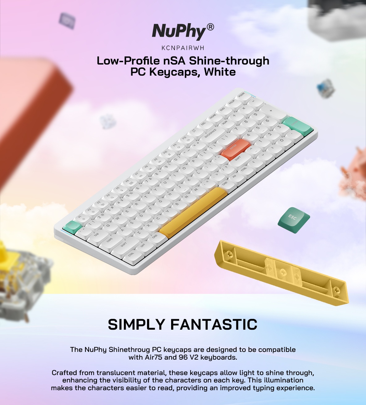 Nuphy nSA Shine-through Low-Profile PC Keycaps for Air 75/96 V2 - White ...