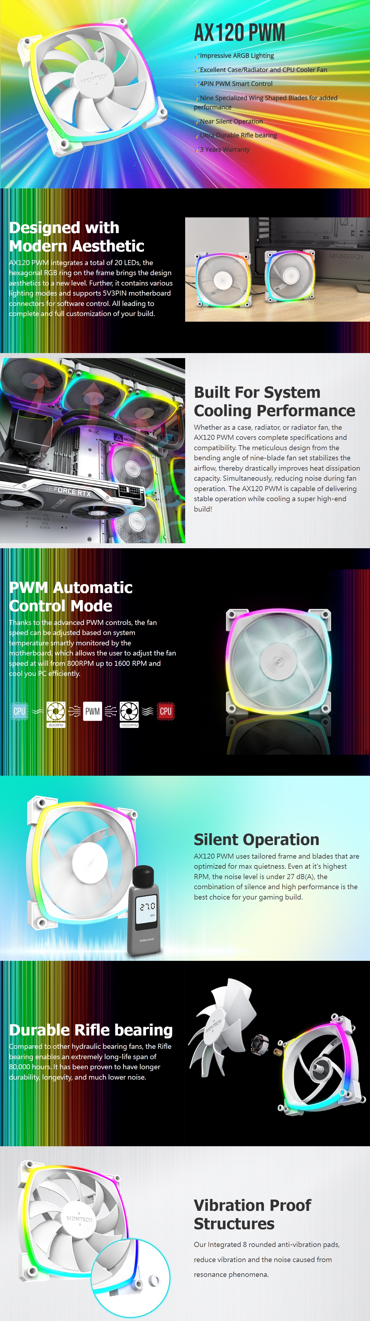 Montech AX120 120mm ARGB PWM Fan - White | Case Fans & LED Lighting