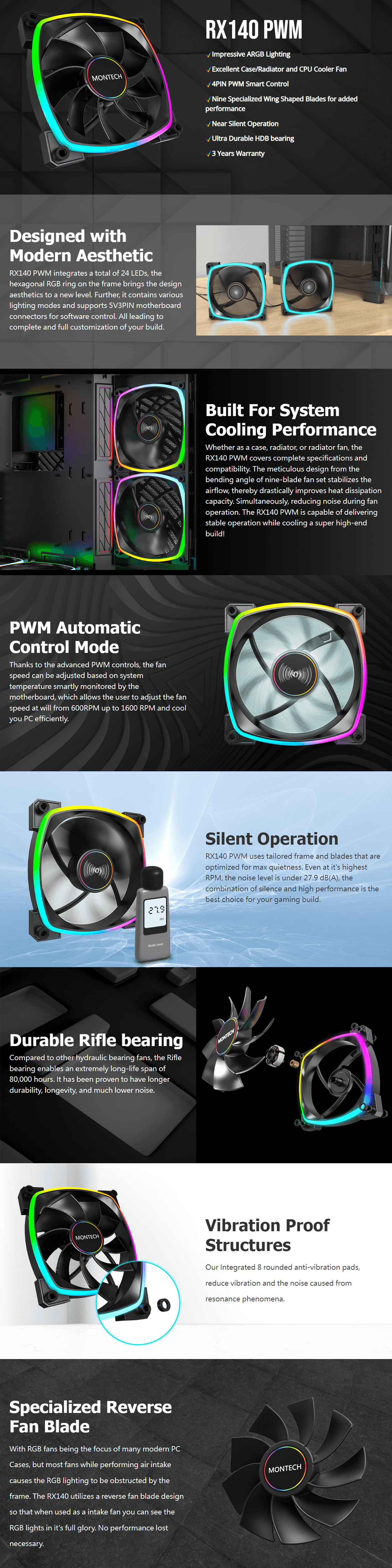 Montech RX140 PWM 140mm Reverse ARGB Fan - Black | Case Fans & LED Lighting