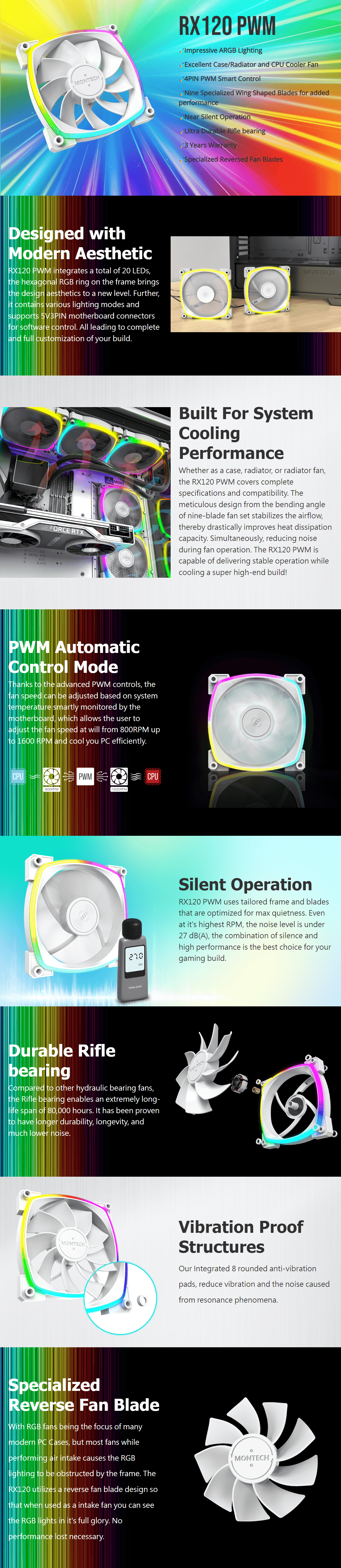 Montech RX120 PWM 120mm Reverse ARGB Fan - White | Case Fans & LED Lighting