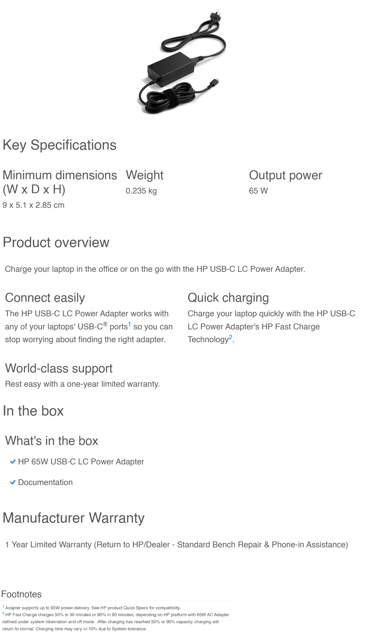 HP 65W USB-C LC Power Adapter | Hewlett Packard Laptop Accessories