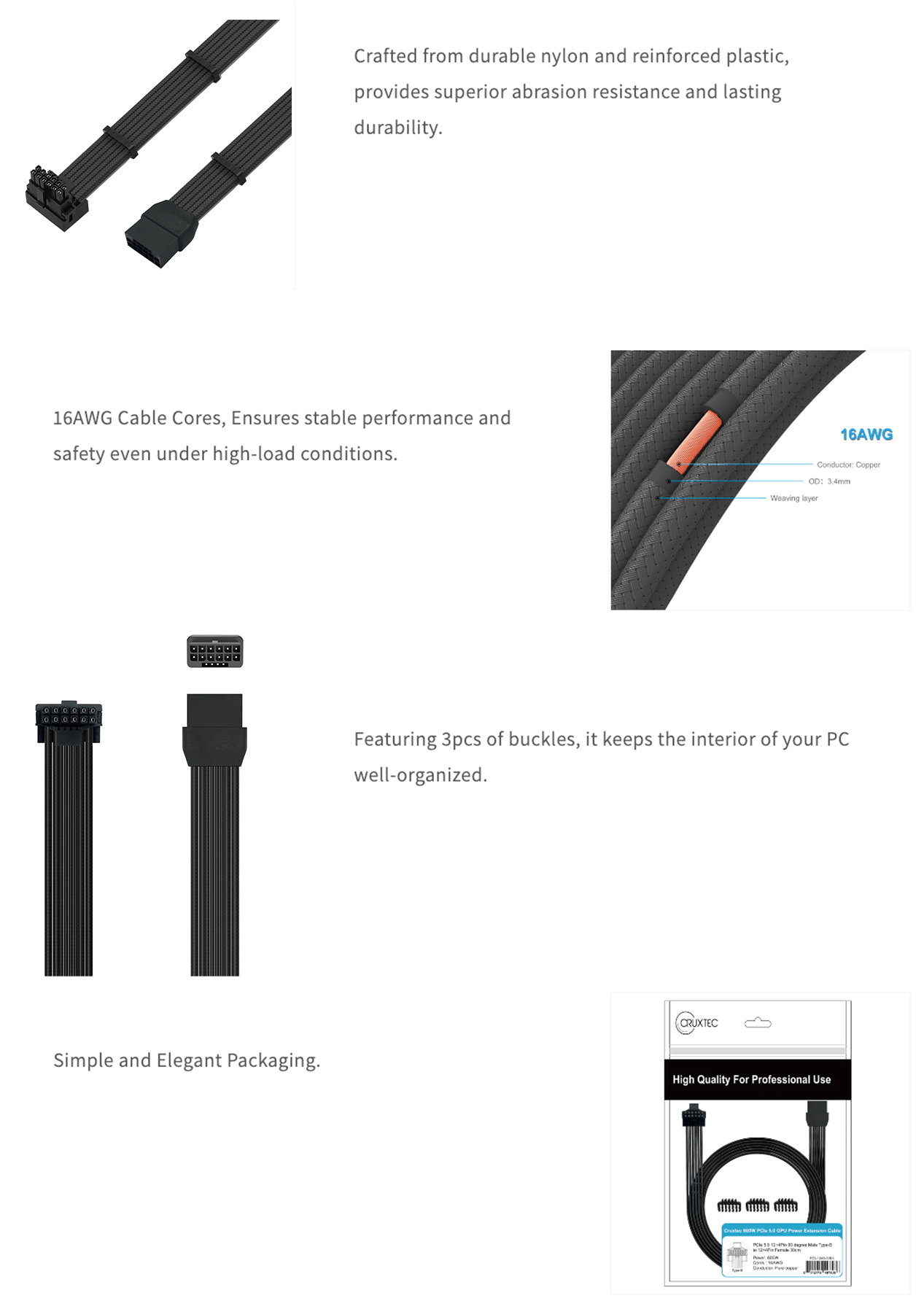 Cruxtec PE5-124A-30BK 600W PCle 5.0 GPU Power Extension Cable - Power ...