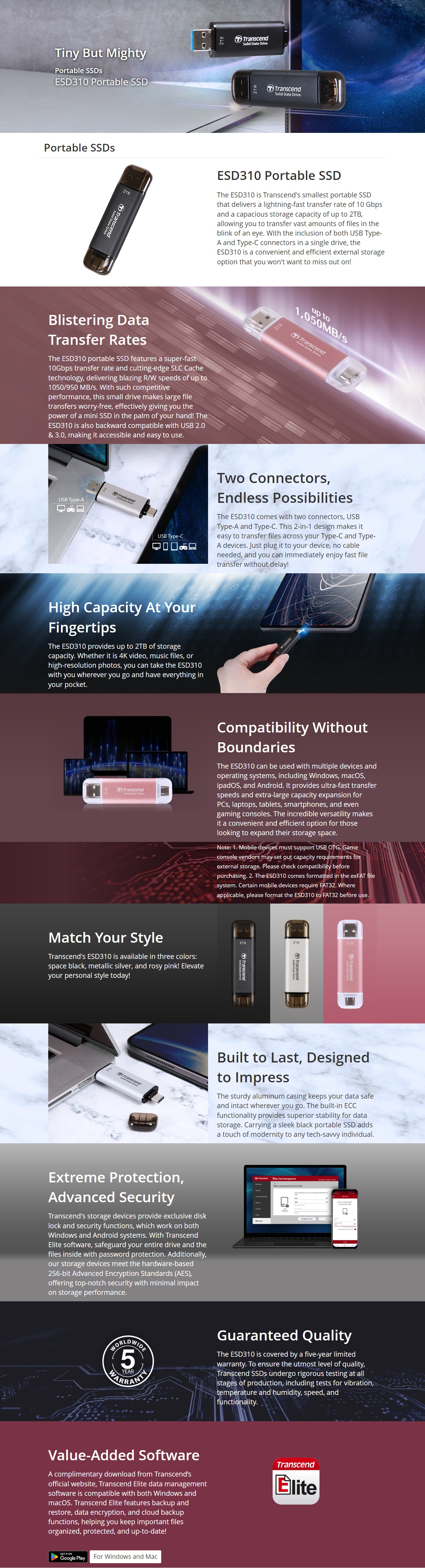 Transcend ESD310 2TB USB-C/USB-A Portable SSD - Silver | External ...