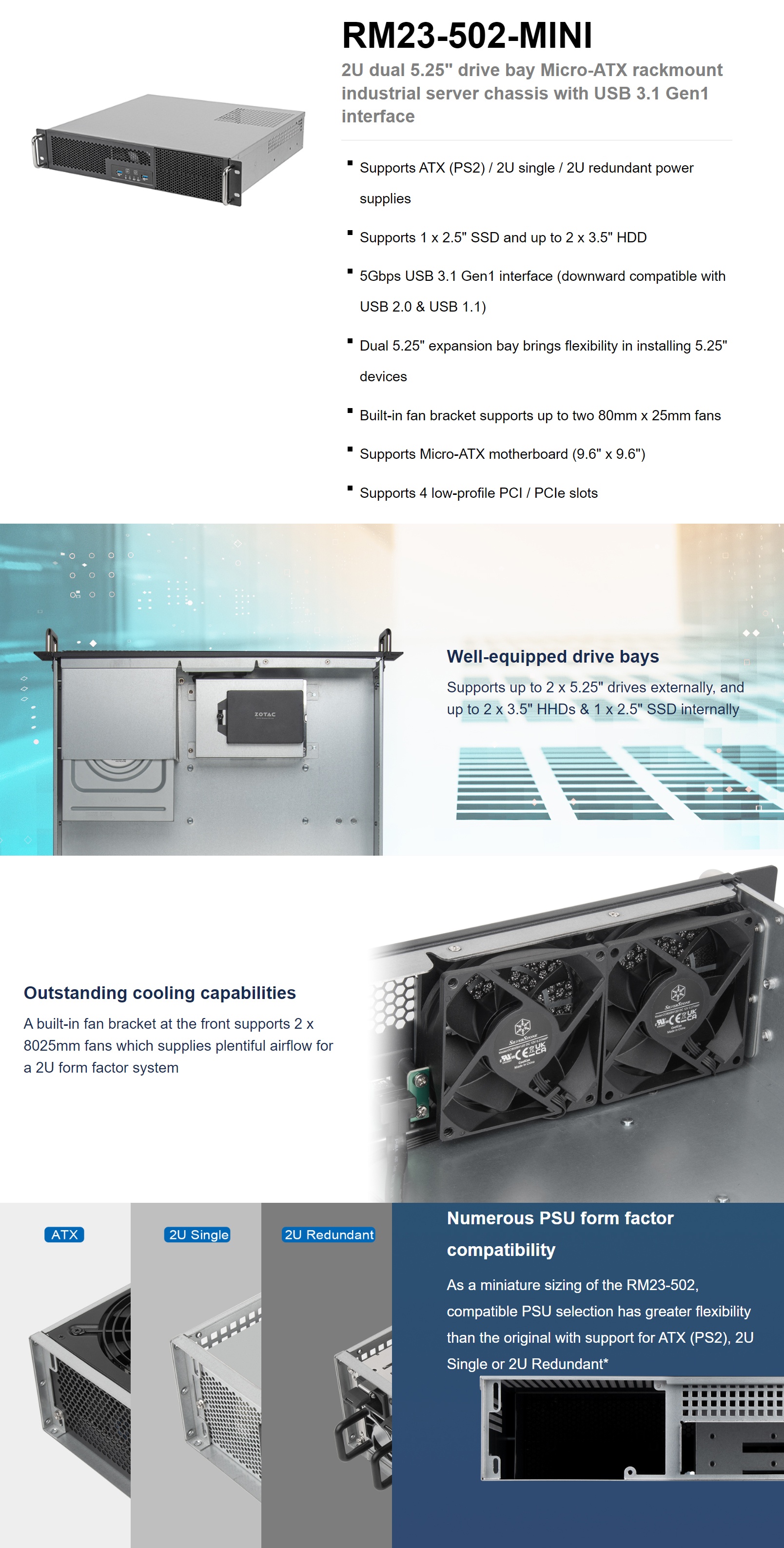 SilverStone RM23-502 Dual Bay 2U Micro-ATX Rackmount Industrial Server Case