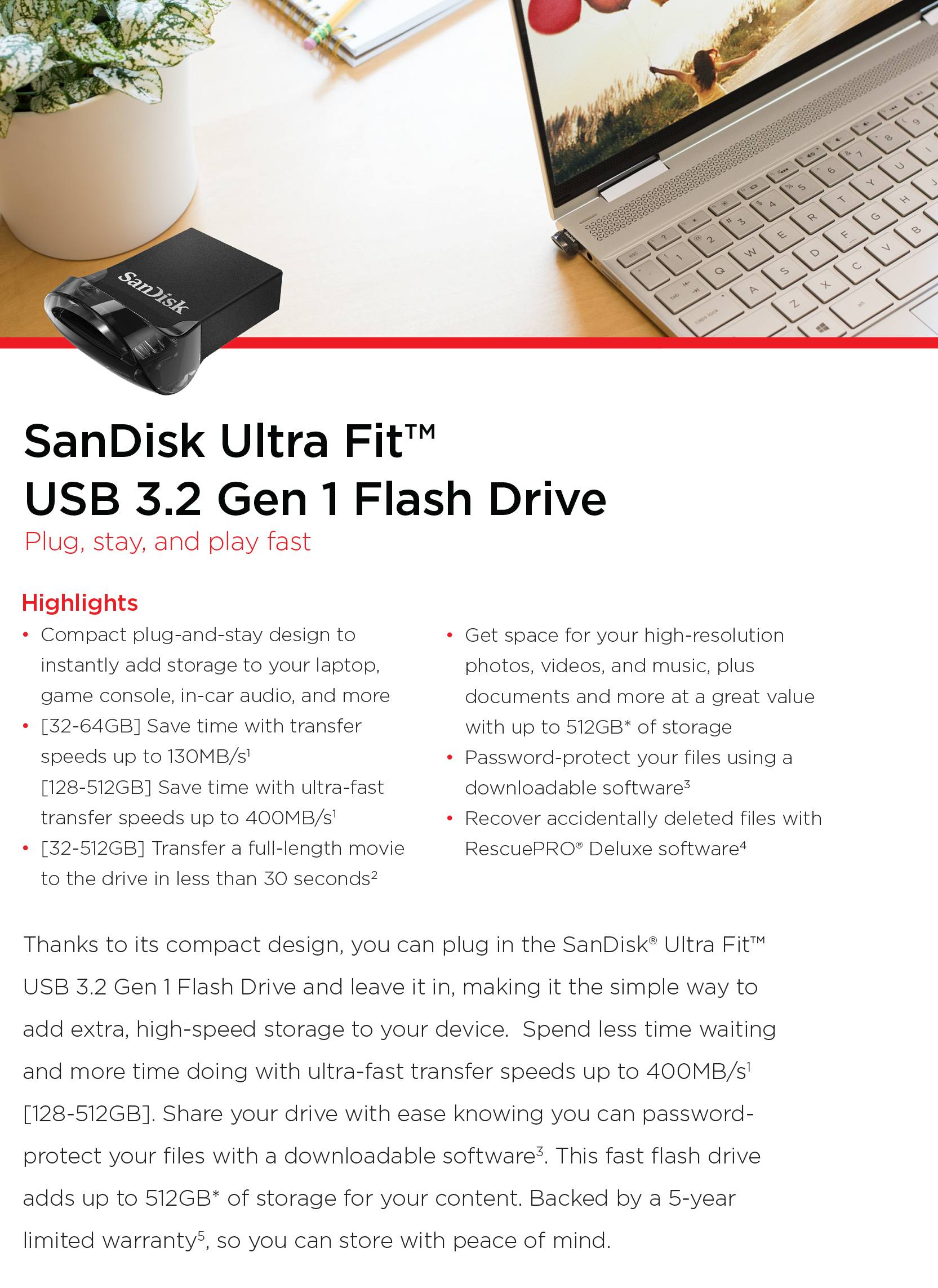 SanDisk Ultra Fit 512GB USB 3.2 Flash Drive | External Storage Drives