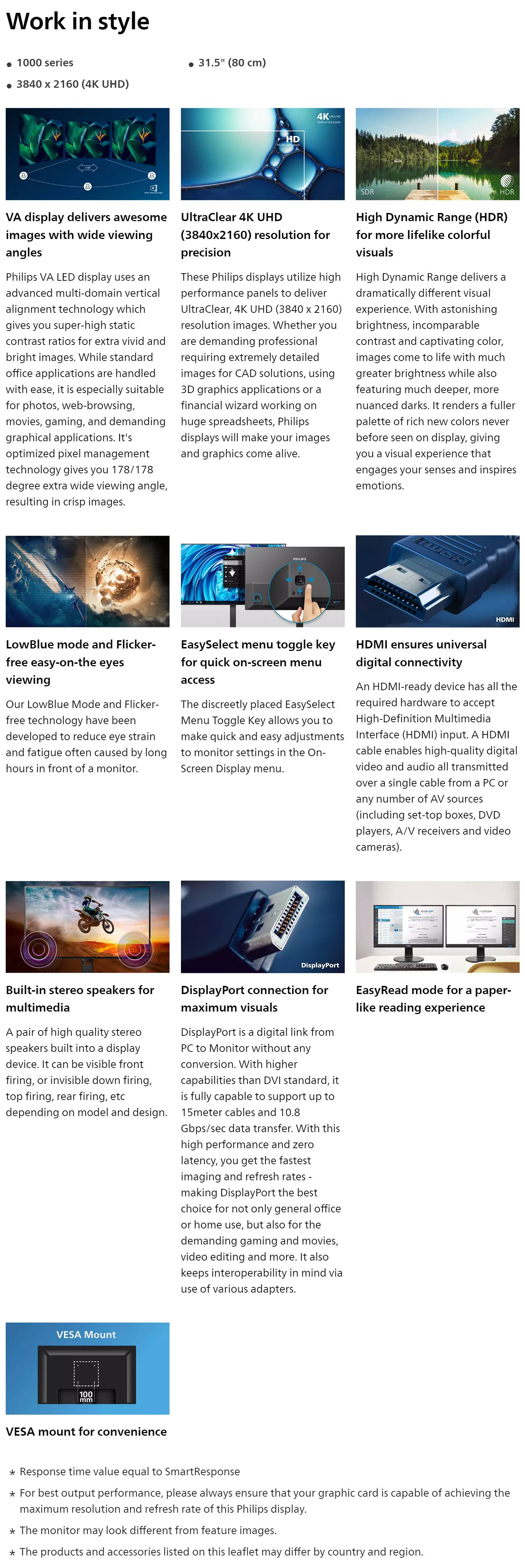 Philips 32E1N1800LA 31.5" UltraClear 4K UHD VA HDR Monitor [32E1N1800LA]