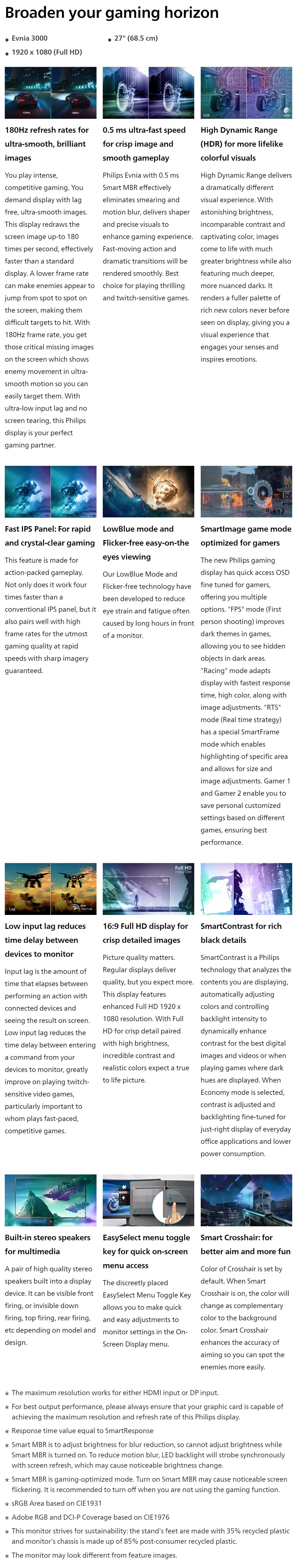 Philips Evnia 3000 27M2N3200S 27" 180Hz FHD 1ms HDR10 IPS Gaming Monitor