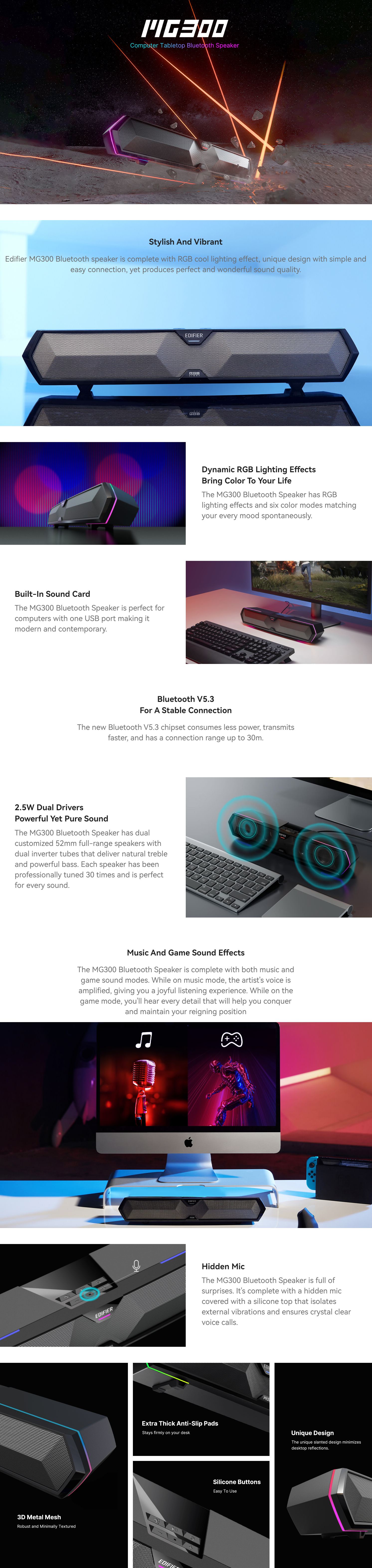 Edifier MG300 RGB Computer Tabletop USB Bluetooth Gaming Soundbar ...