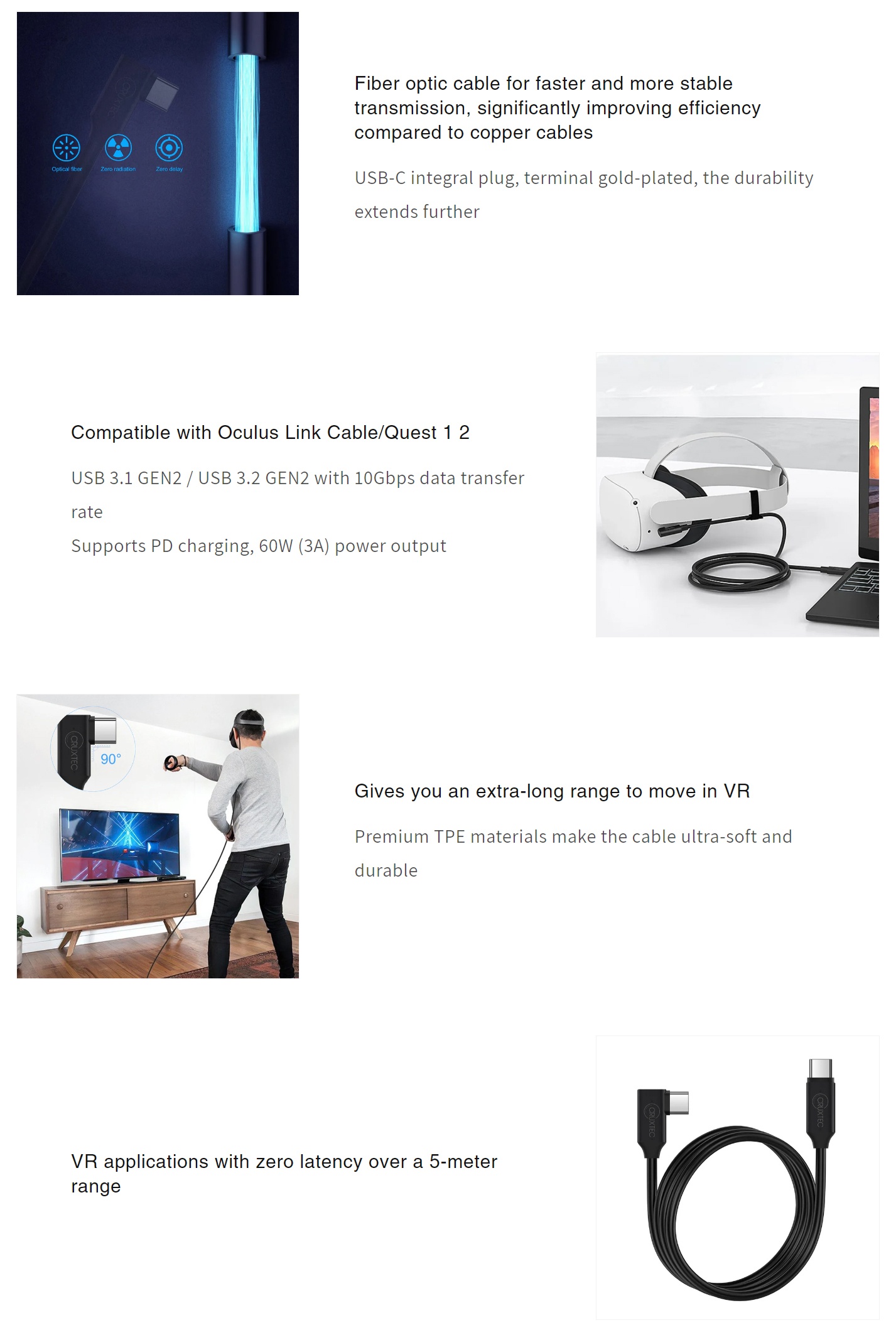 Cruxtec VSC 5m Optical Fiber USB-C to USB-C 90° Angle VR Cable [VSC-05-BK]