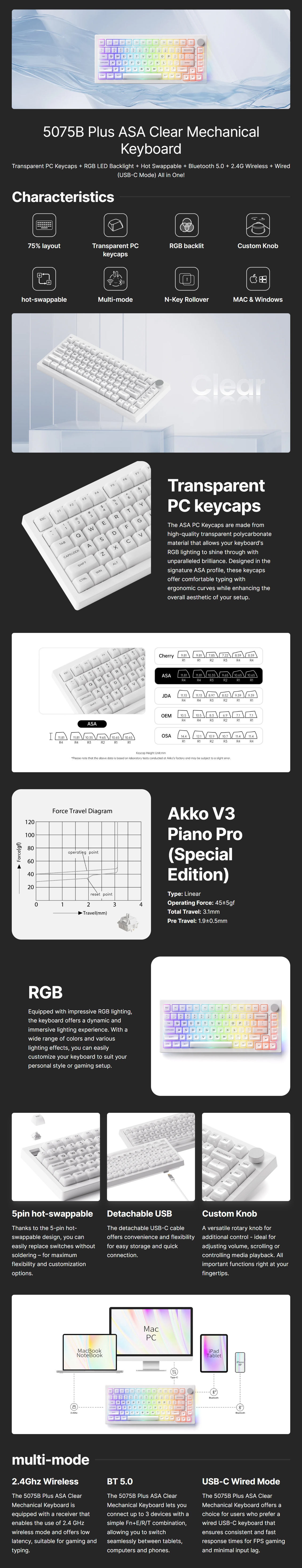 Akko 5075B Plus ASA Clear Multi-mode V3 Piano Pro Switch Mechanical ...