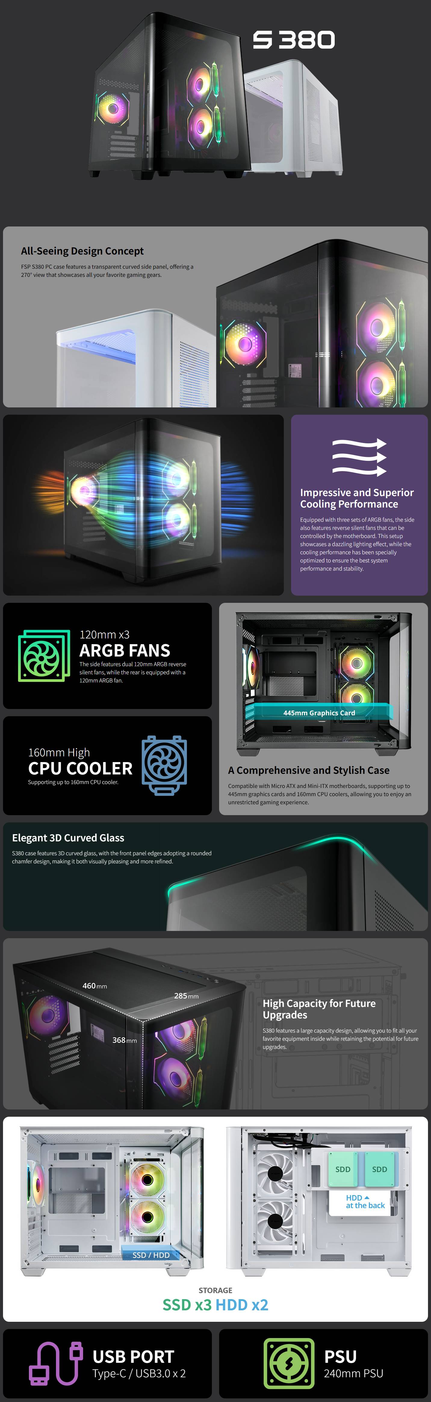 FSP S380 Curved Tempered Glass Side Panel Micro-ATX Case - Black [S380-BA]